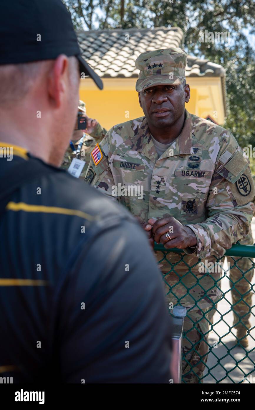 U.S. Army veteran Joshua Olson, left, meets Lt. Gen. R. Scott Dingle, U ...