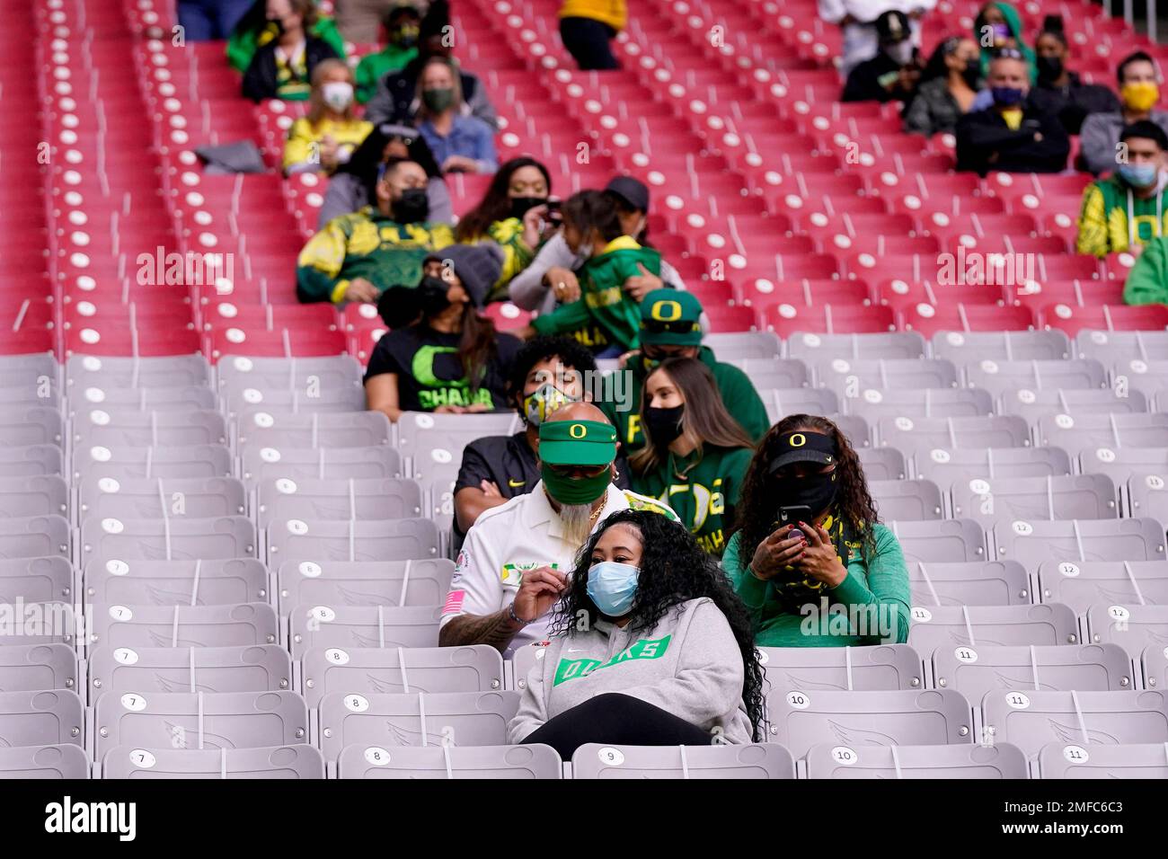 Oregon fans watch during the first half of the Fiesta Bowl NCAA college ...