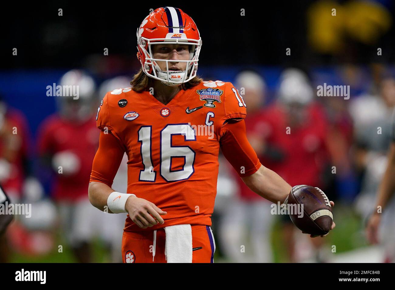 Clemson quarterback Trevor Lawrence warms up before the Sugar Bowl NCAA ...