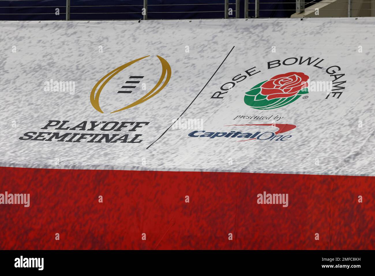 The College Football Playoff logo and the Rose Bowl logo are seen inside the stadium before the ...