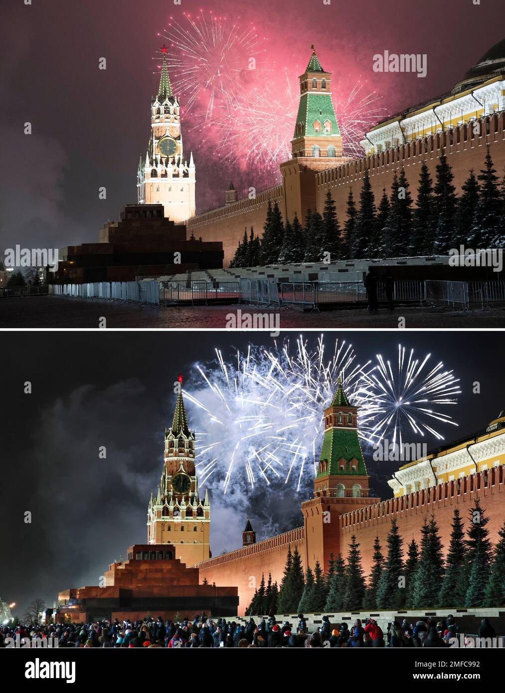 This combo image shows at top fireworks exploding over the Kremlin and ...