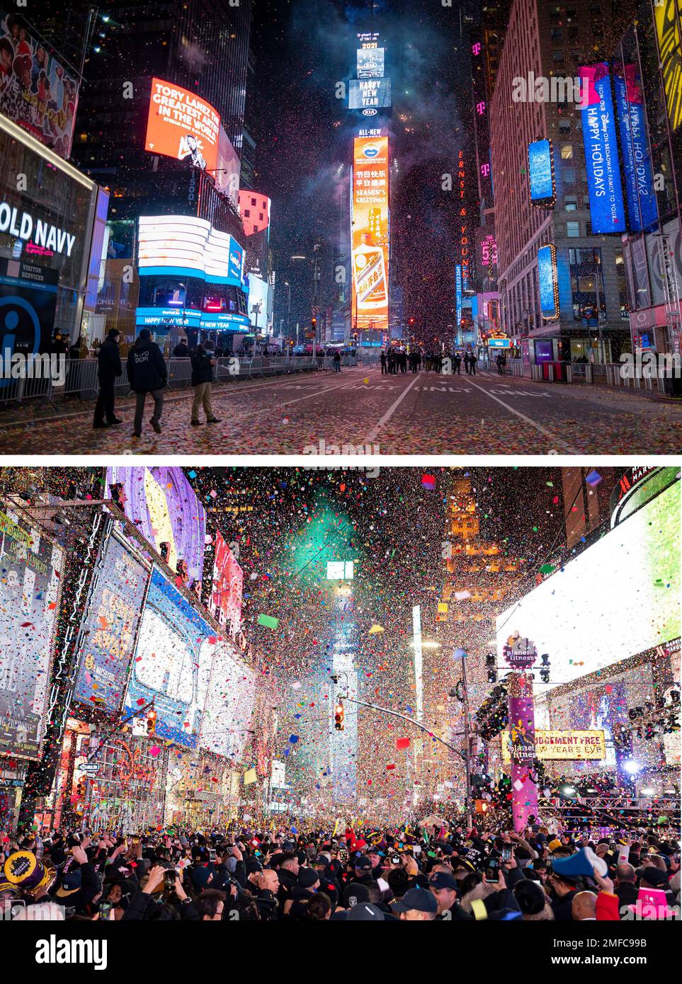 A combo of images shows an almost empty Times Square, top, in the early ...