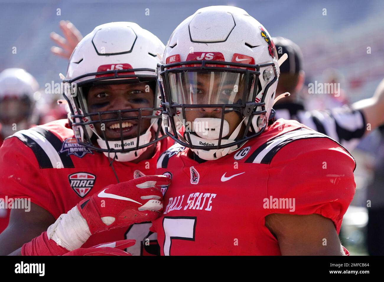Ball State safety Bryce Cosby (5) poses with Jaylin Thomas (6) after ...