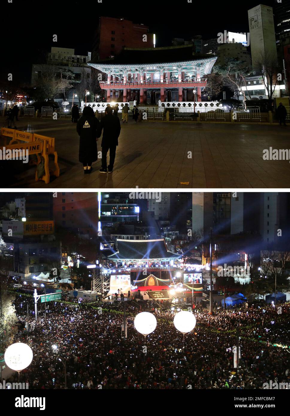 A combo image showing Bosingak pavilion where the place for the annual ...
