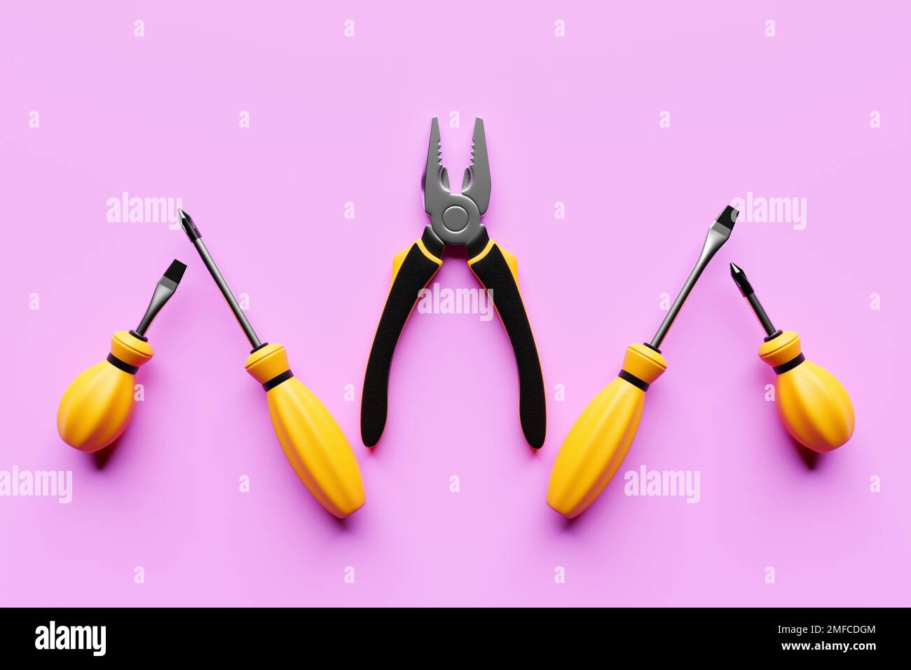 3D illustration of a a yellow screwdrivers, pliers hand tools isolated ...