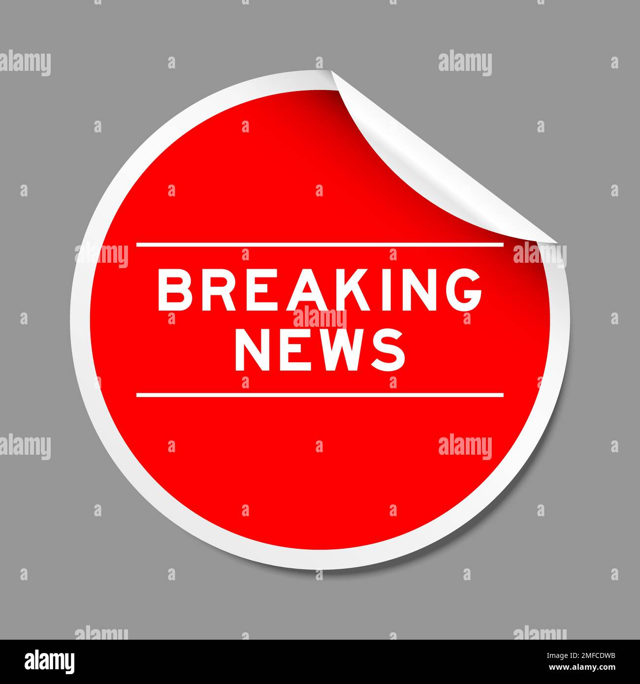 Red color peel sticker label with word breaking news on gray background ...