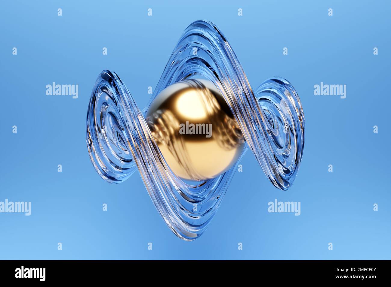 3D illustration of a transparent node with gold ball. Fantastic shape ...