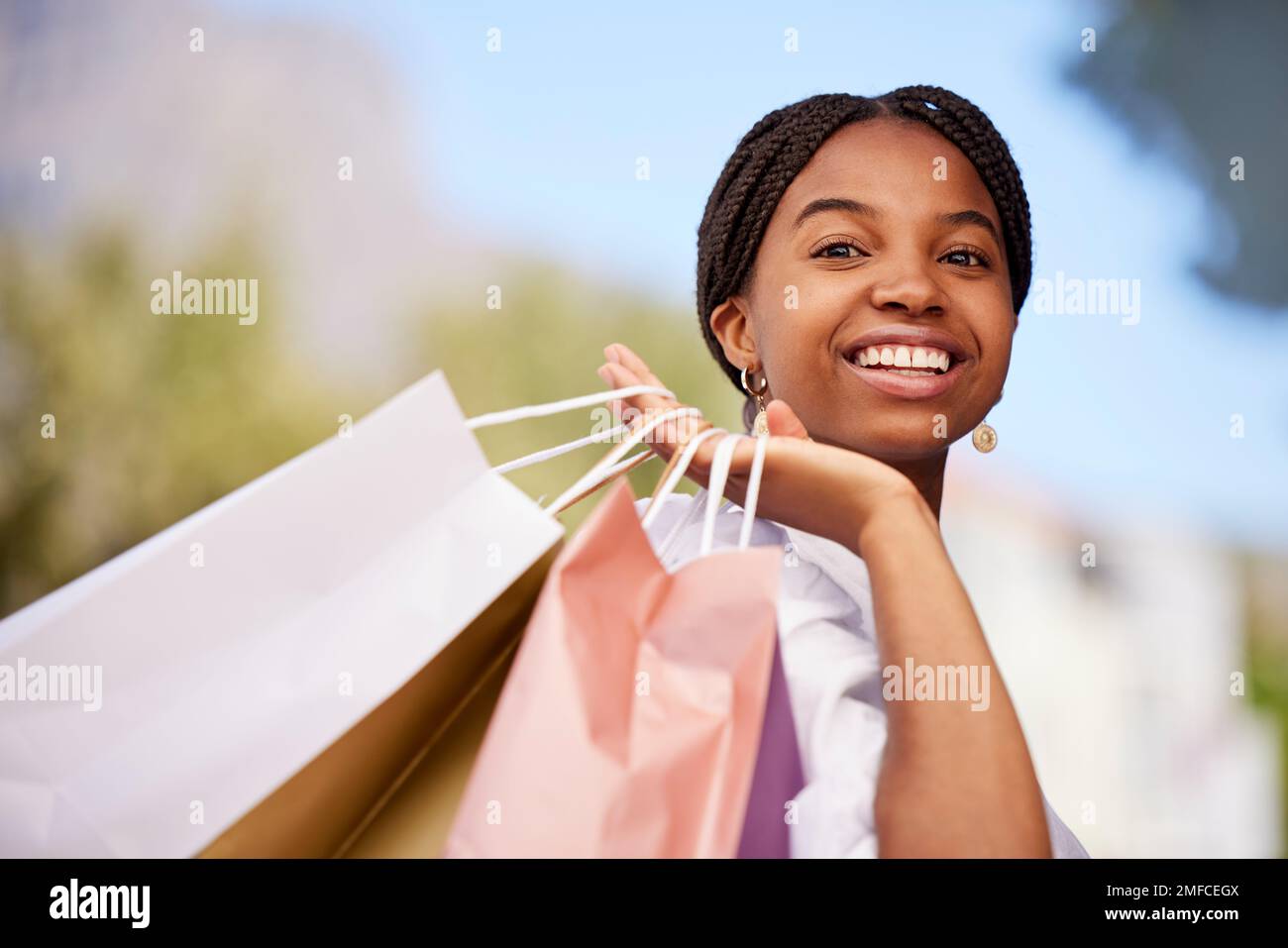 Black woman, shopping and bags for luxury, thinking and purchase in ...