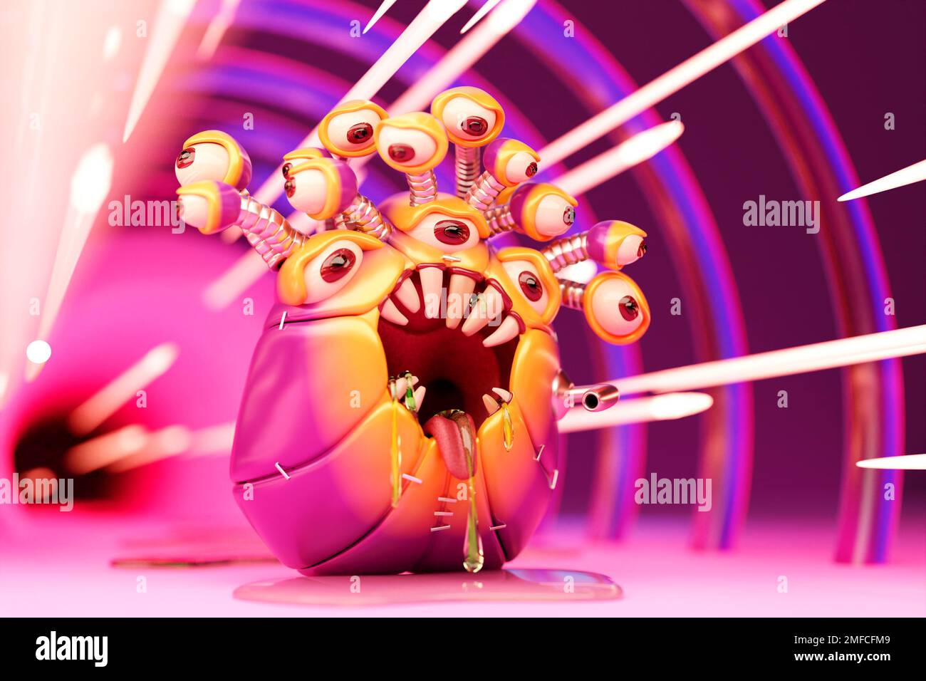 3D illustration of a scary orange monster quickly creeps along the ...