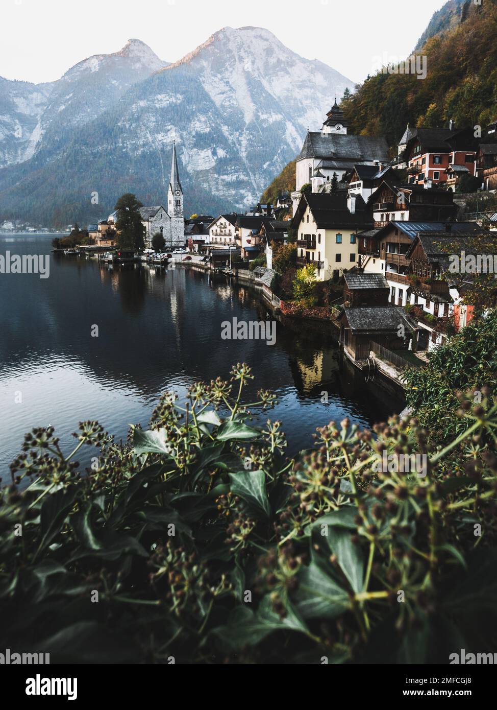 Fall scenery of Hallstatt at dawn, a peaceful lakeside village & a UNESCO heritage site in ...
