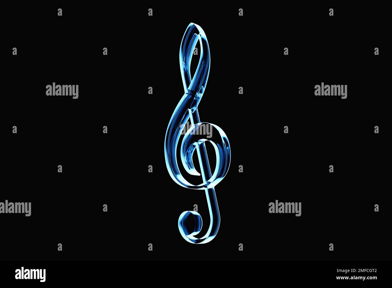 Realistic blue neon treble clef on a black background. 3d golden ...
