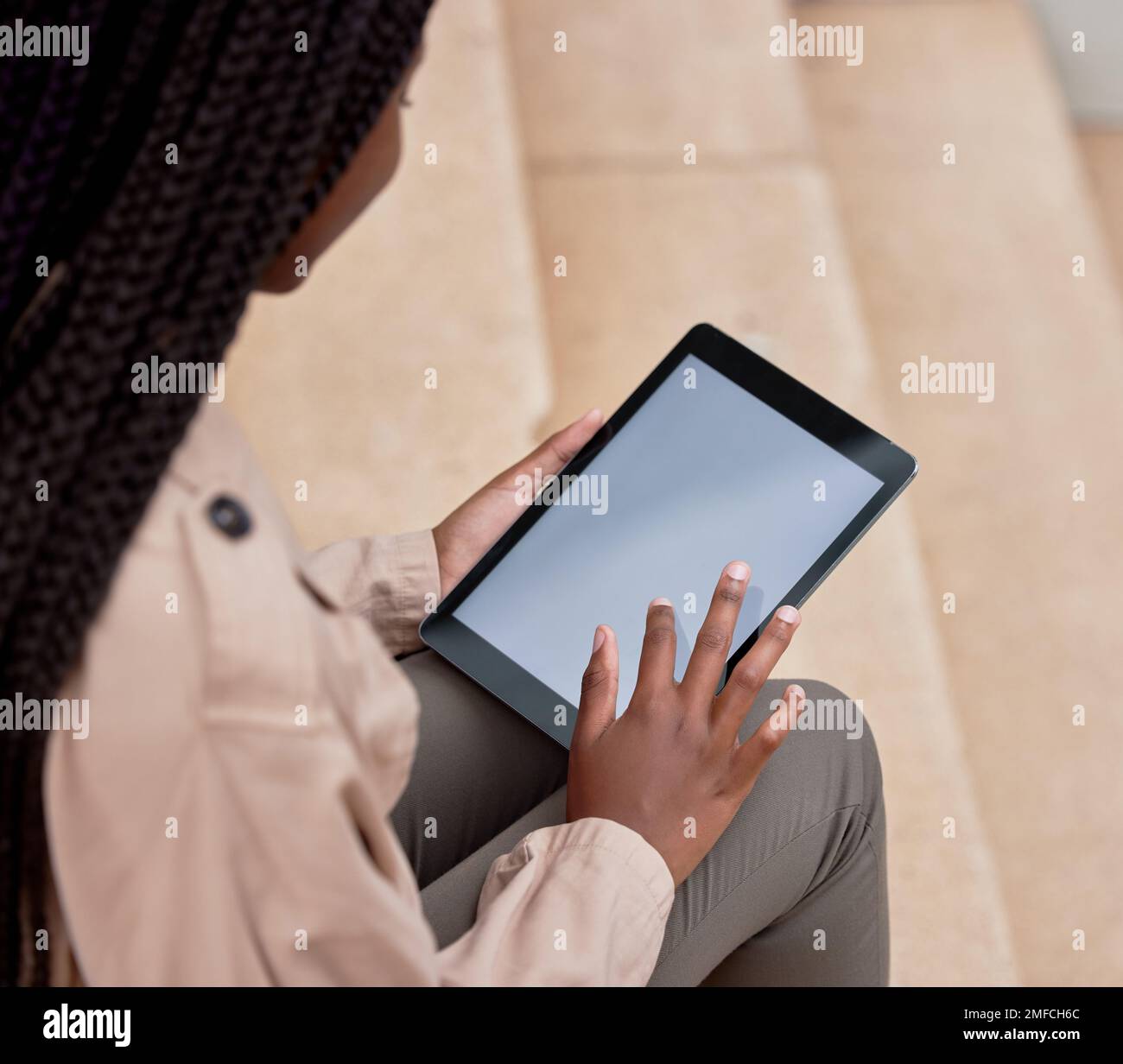 Tablet, screen and mockup with hands of woman or student outdoor for e ...