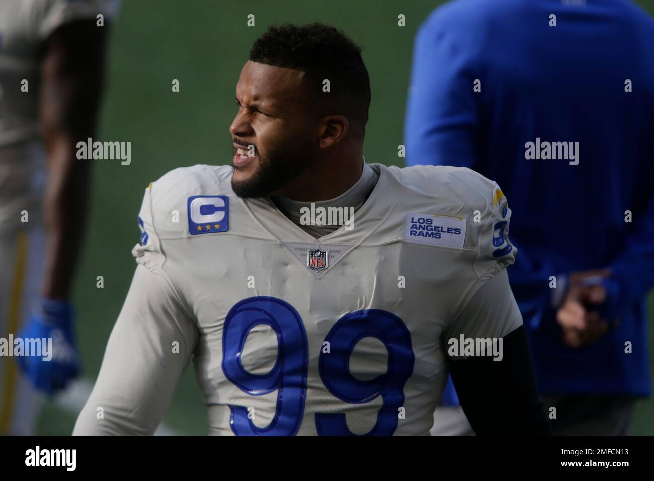 Los Angeles Rams defensive lineman Aaron Donald (99) on the sideline ...