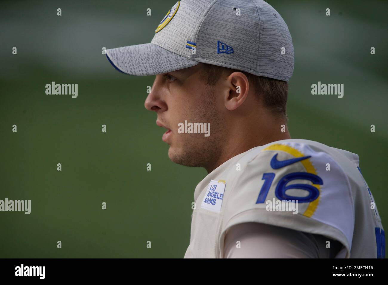 Los Angeles Rams quarterback Jared Goff (16) on the sideline before the ...