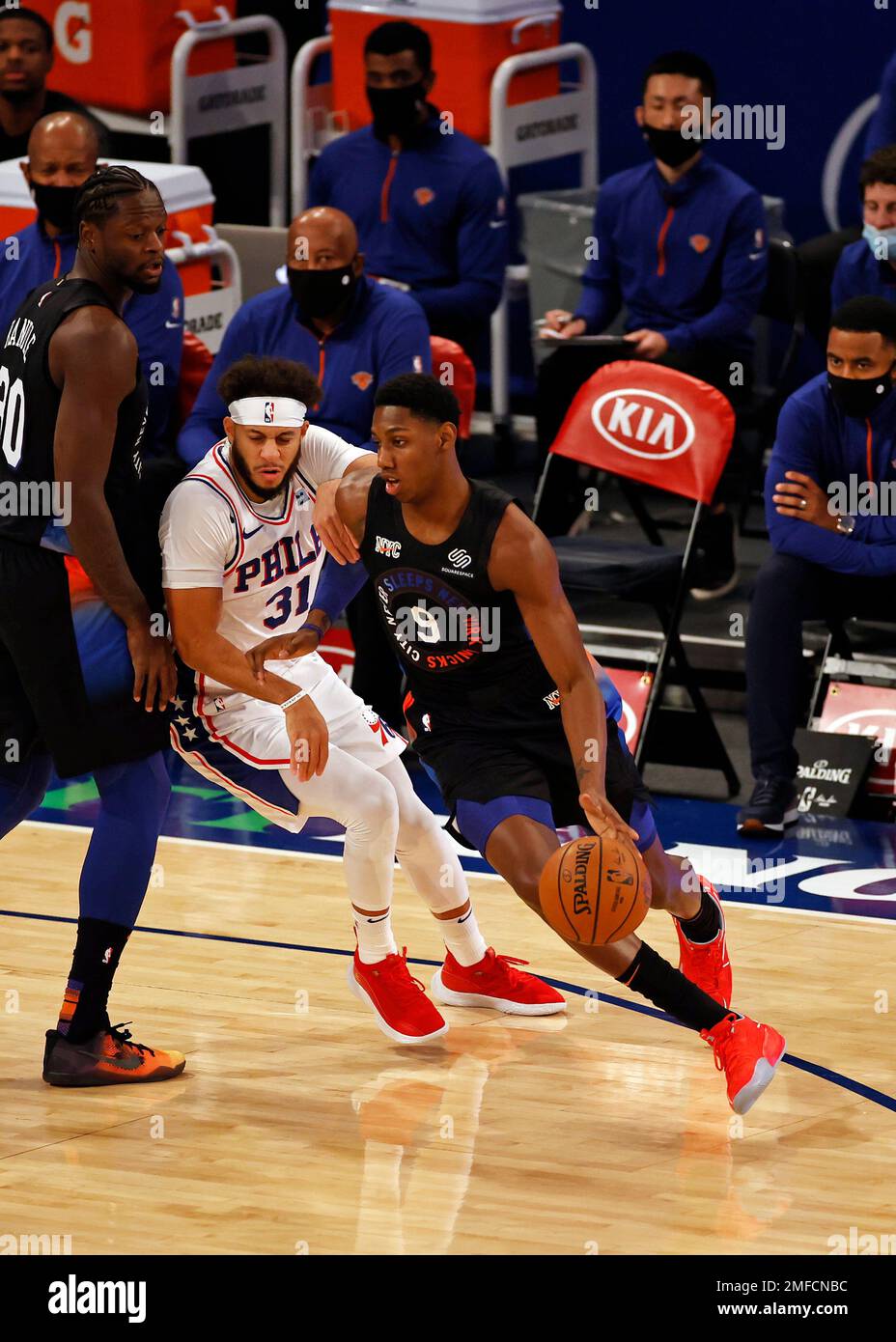 New York Knicks guard RJ Barrett (9) in action past Philadelphia 76ers ...