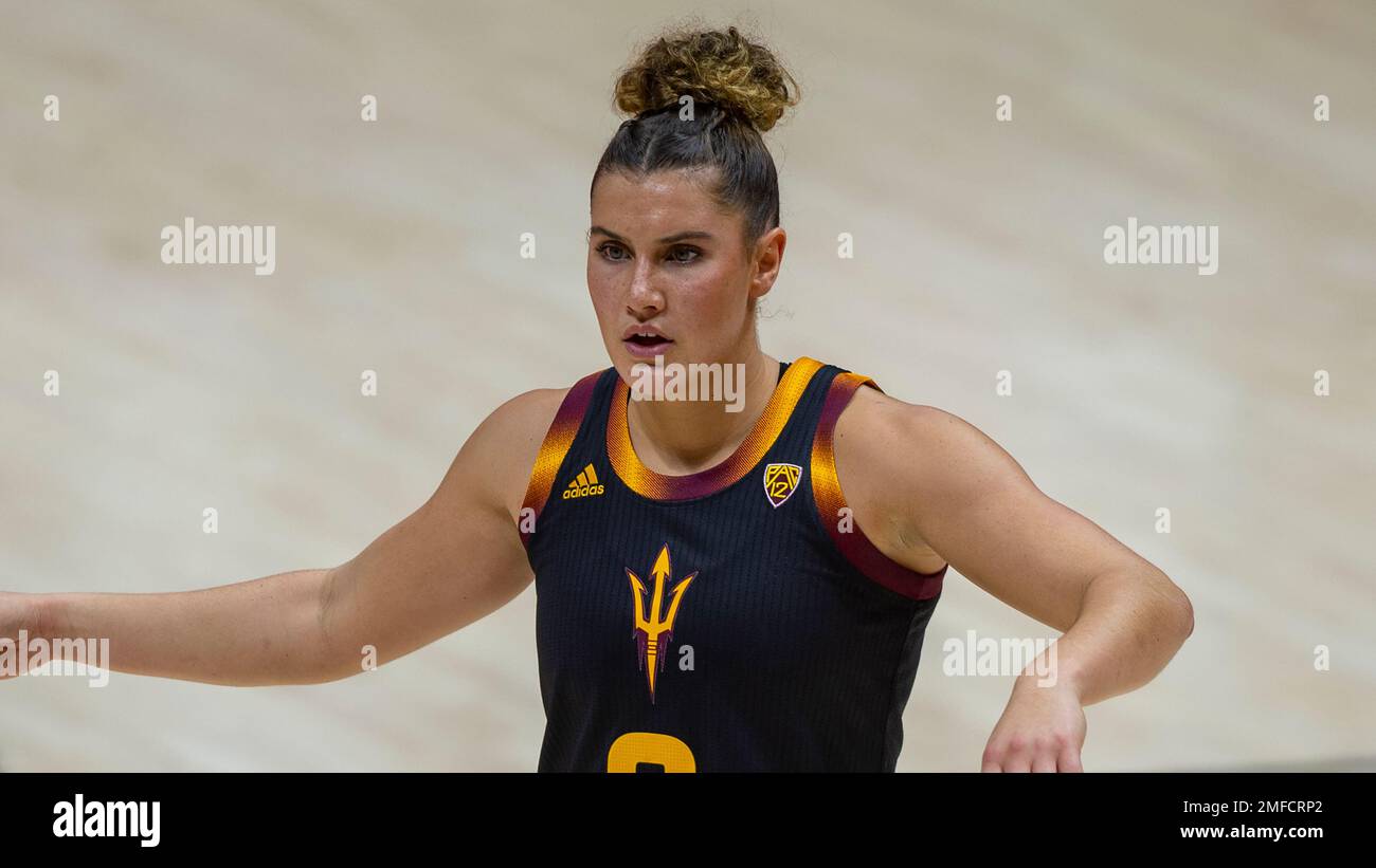 Arizona State guard Taya Hanson (0) defends during an NCAA basketball ...