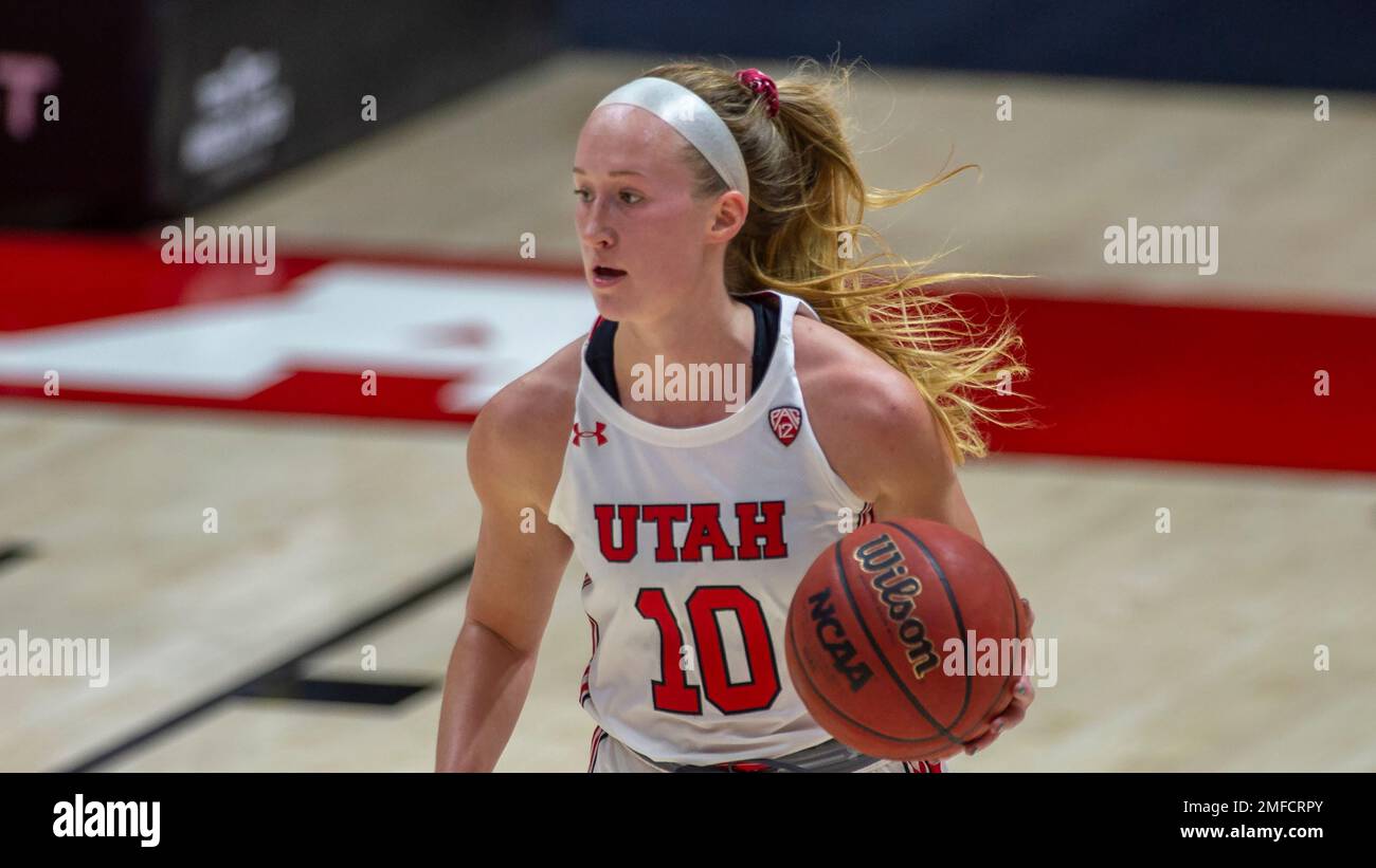 Utah guard Dru Gylten (10) dribbles during an NCAA basketball game on ...
