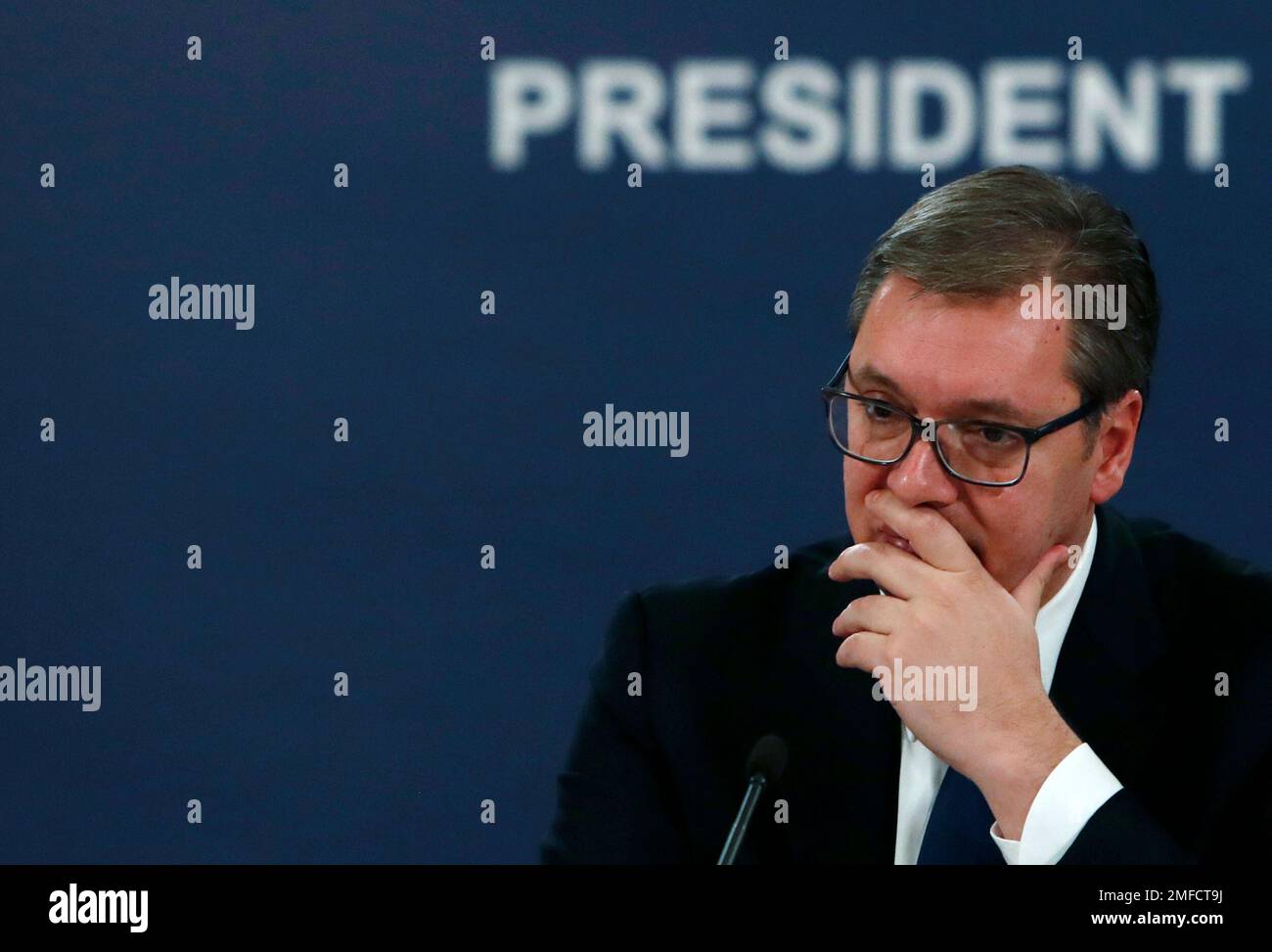 Serbia's President Aleksandar Vucic listens to a question during a New ...