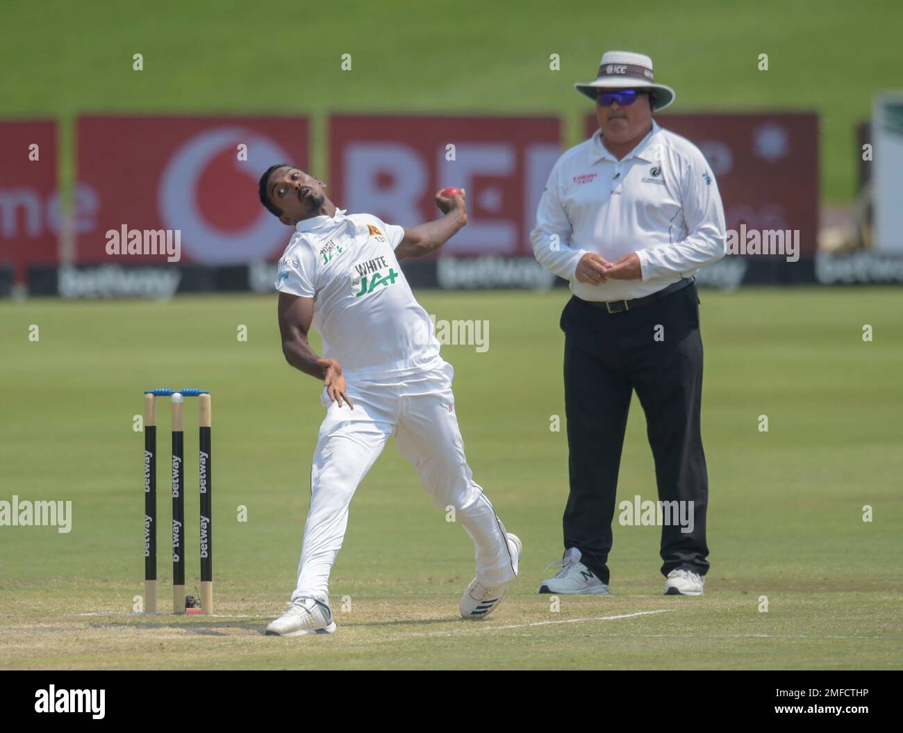 Sri Lanka's Vishwa Fernando bowls, on day three of the first cricket ...