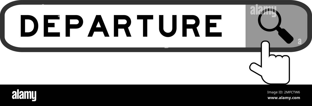 Search banner in word departure with hand over magnifier icon on white ...