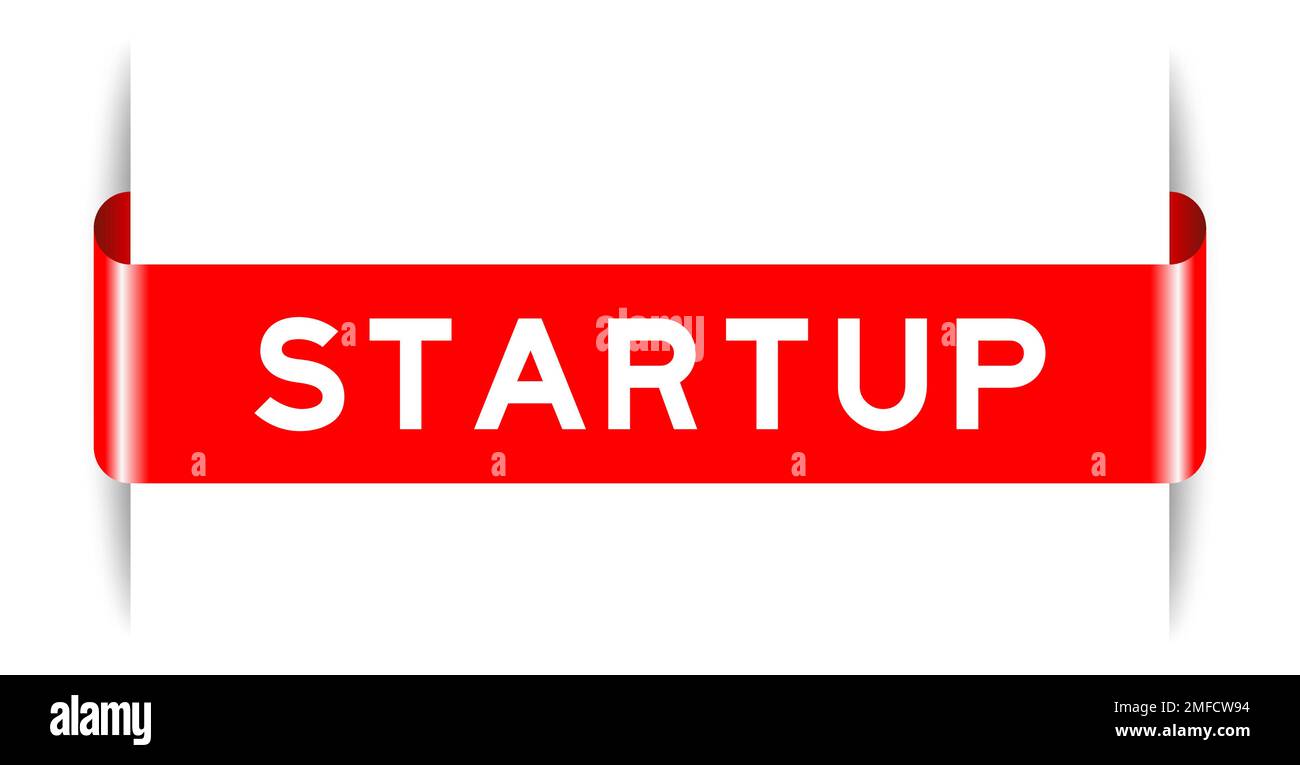 Red color inserted label banner with word startup on white background ...