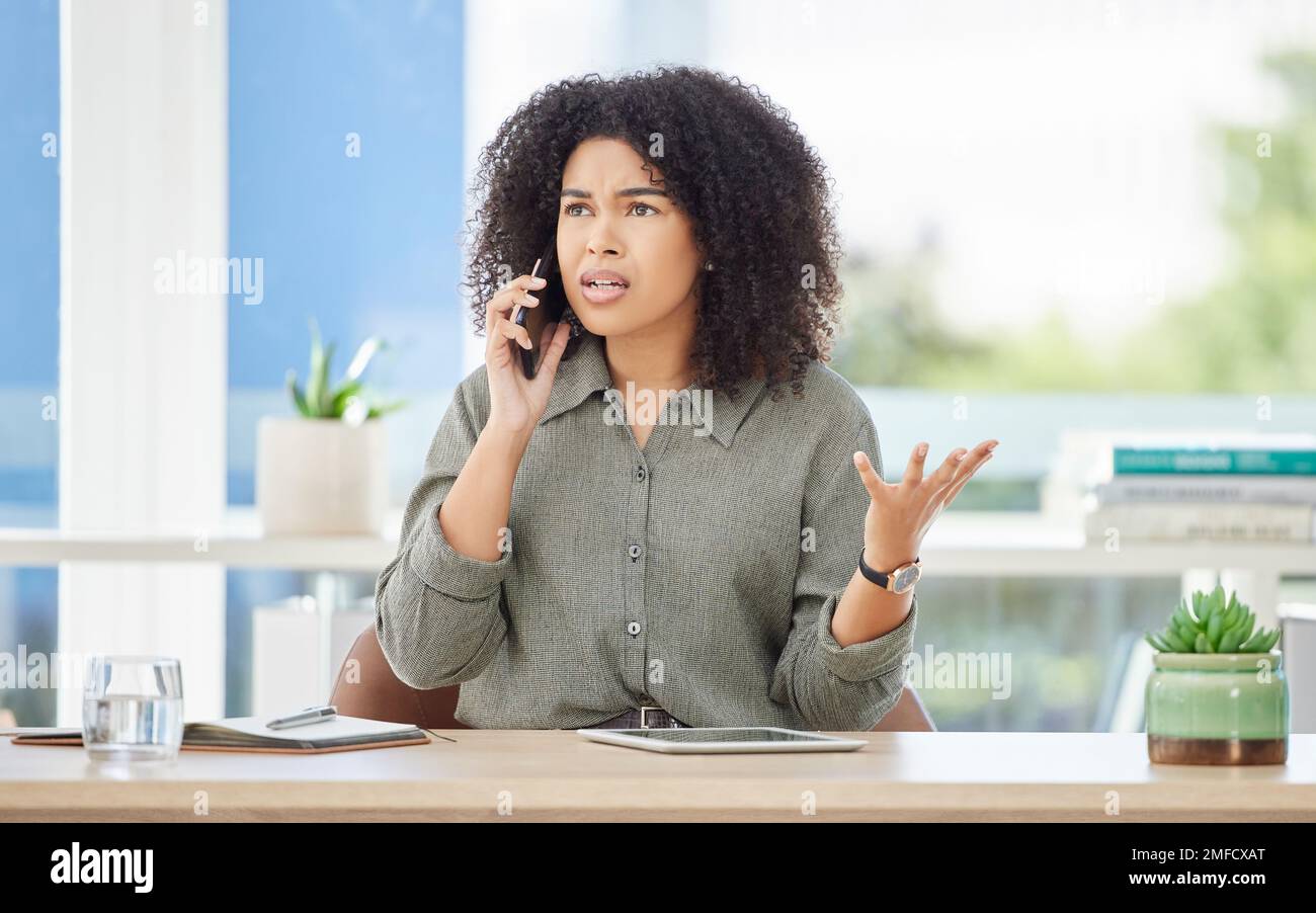 Business, phone call and black woman angry, frustrated and disappointed ...