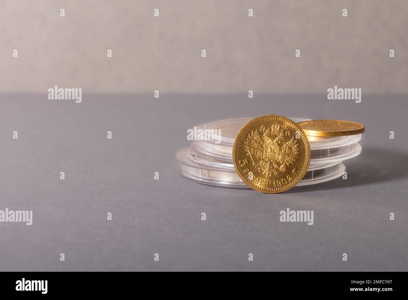 Numismatics. Old collectible coins on the table. Top view. Copy space ...