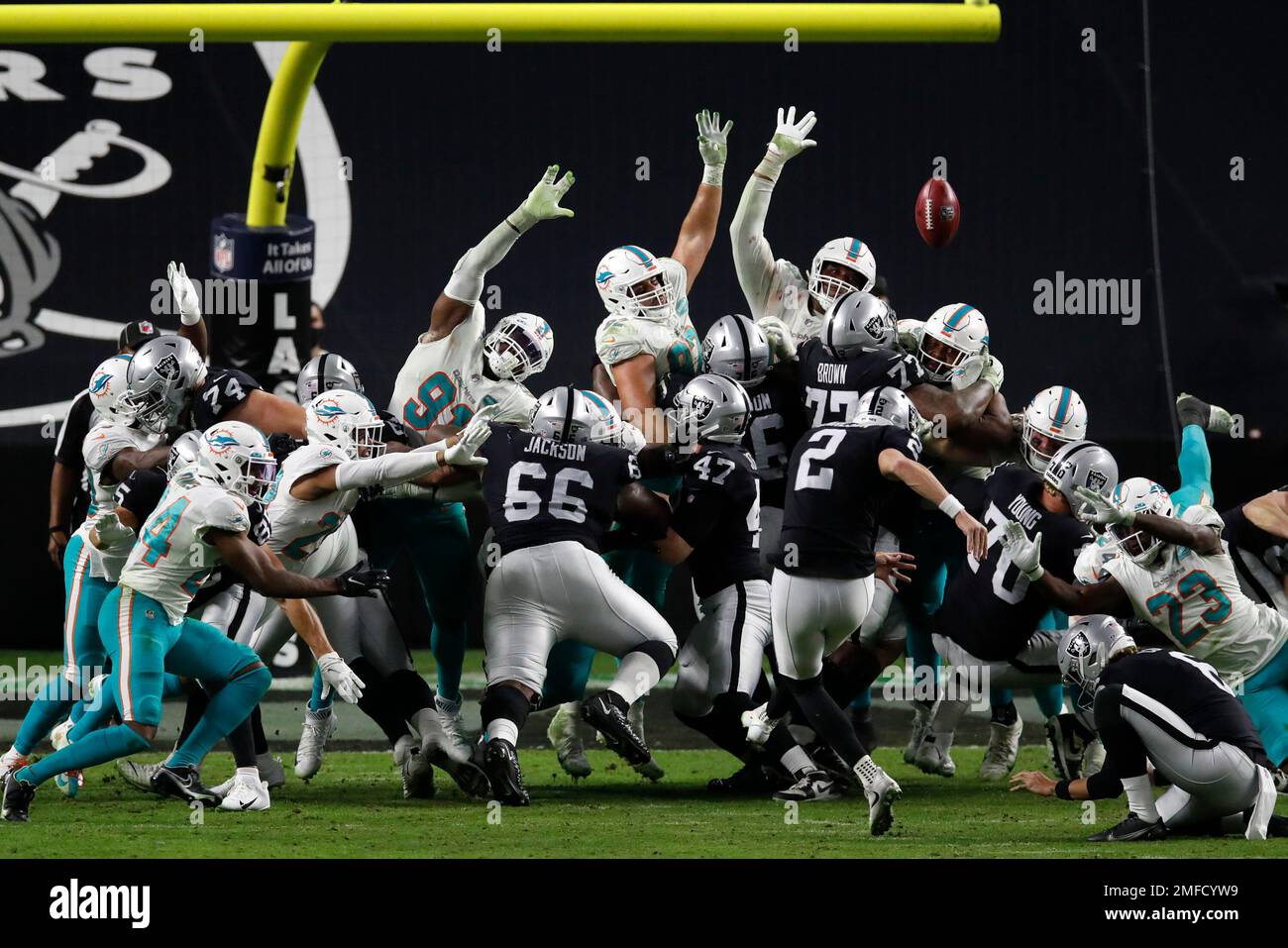 Las Vegas Raiders kicker Daniel Carlson (2) kicks a field goal against the Miami Dolphins during ...