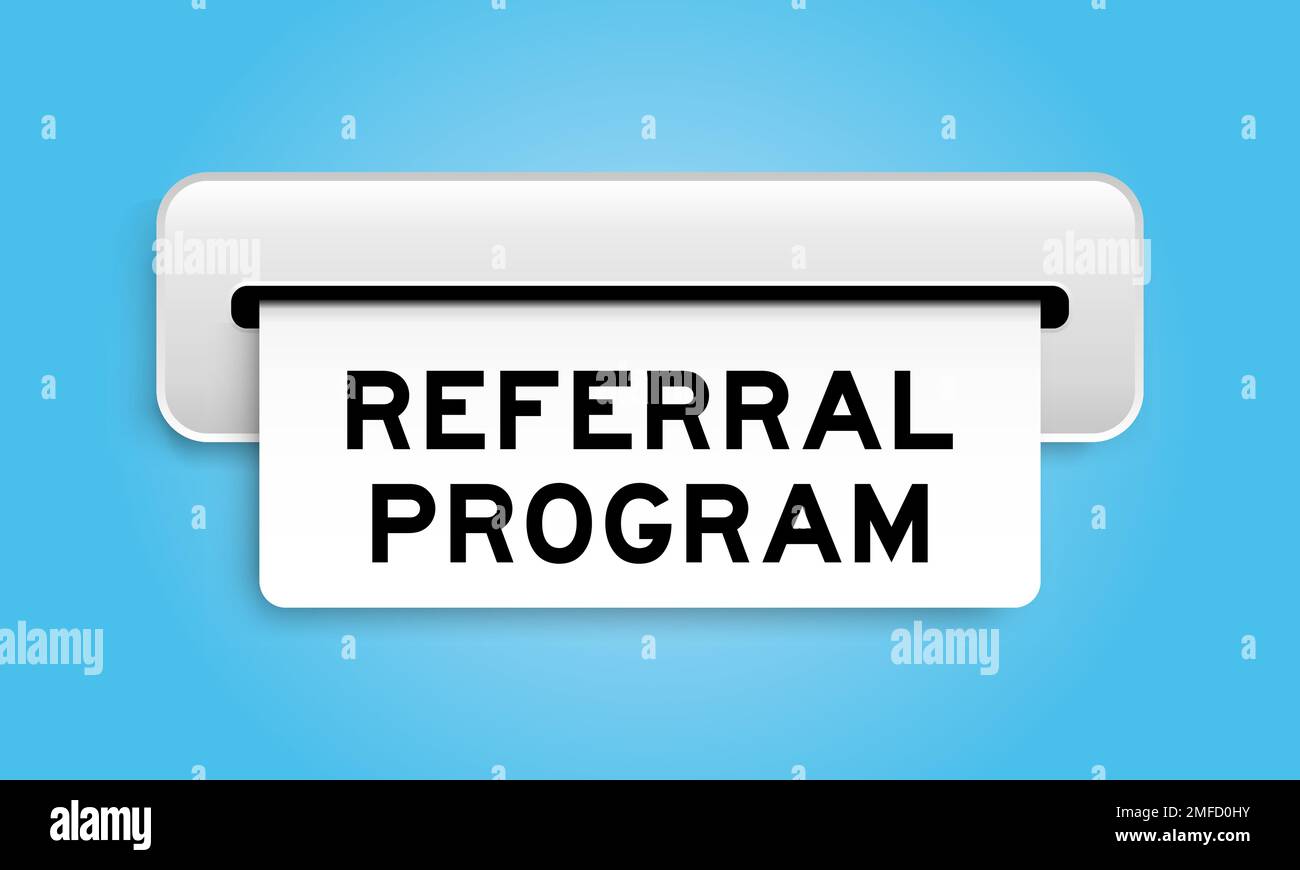 White coupon banner with word referral program from machine on blue ...