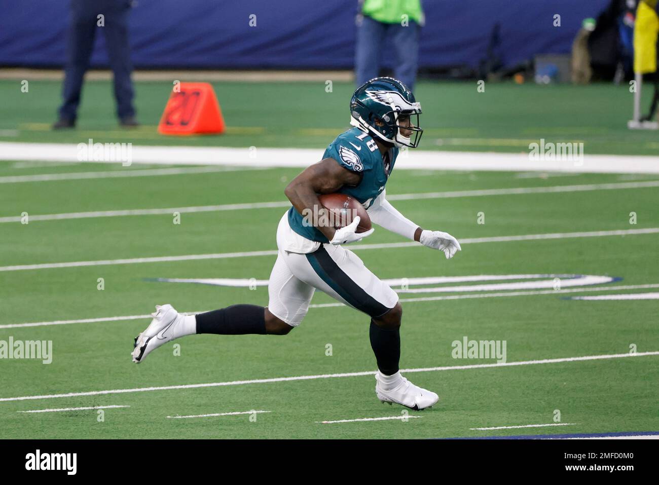 Philadelphia Eagles wide receiver Jalen Reagor (18) advances the ball ...