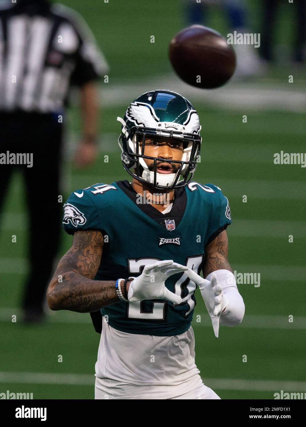 Philadelphia Eagles cornerback Darius Slay (24) warms up before an NFL ...