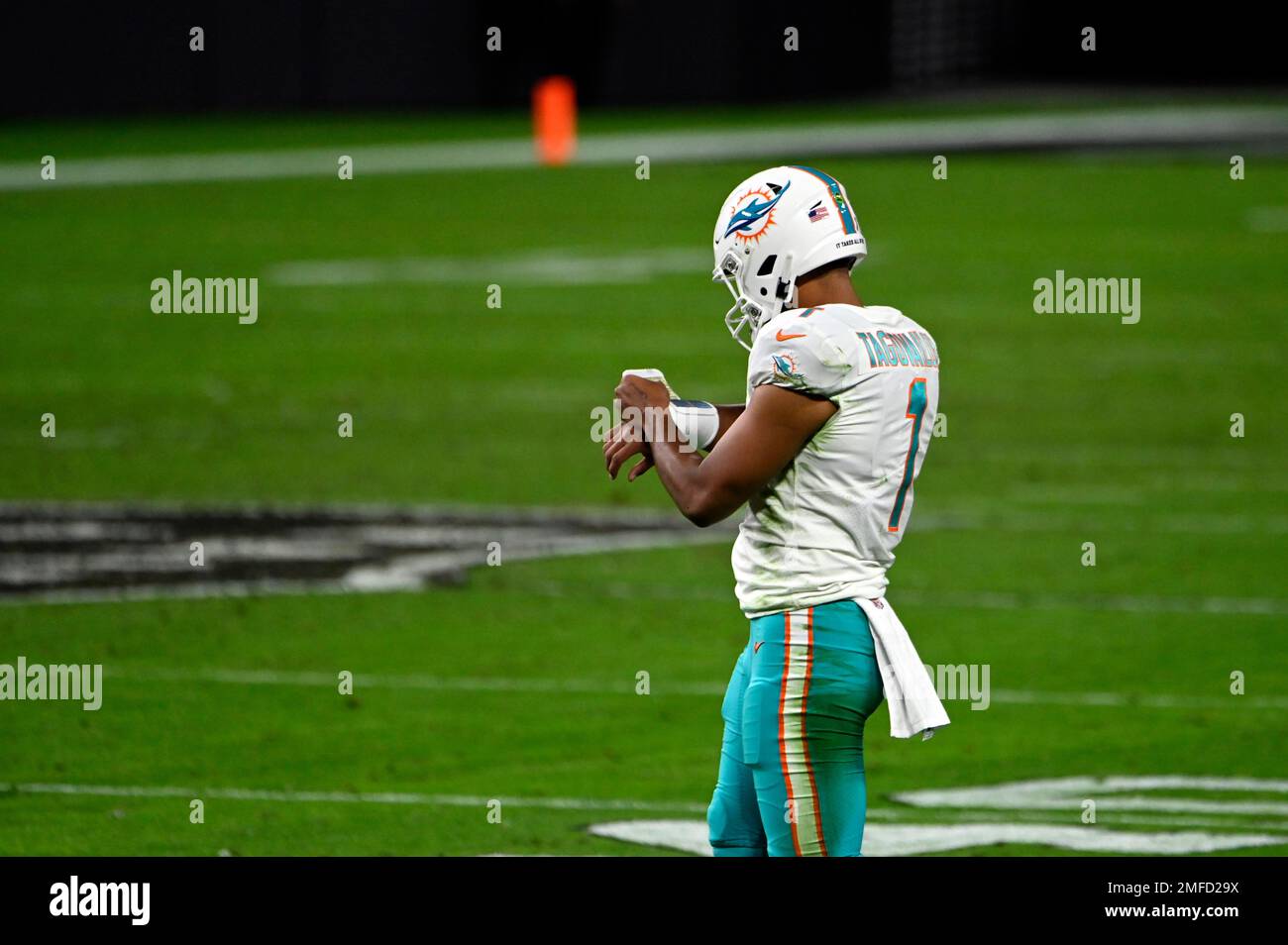 Miami Dolphins quarterback Tua Tagovailoa (1) checks his wrist band for a play during an NFL ...