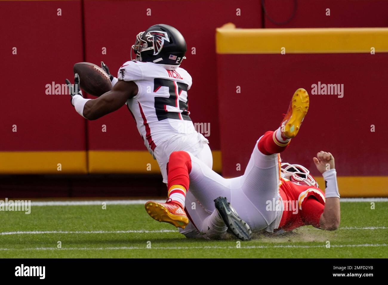 Atlanta Falcons safety Keanu Neal intercepts a pass intended for Kansas ...