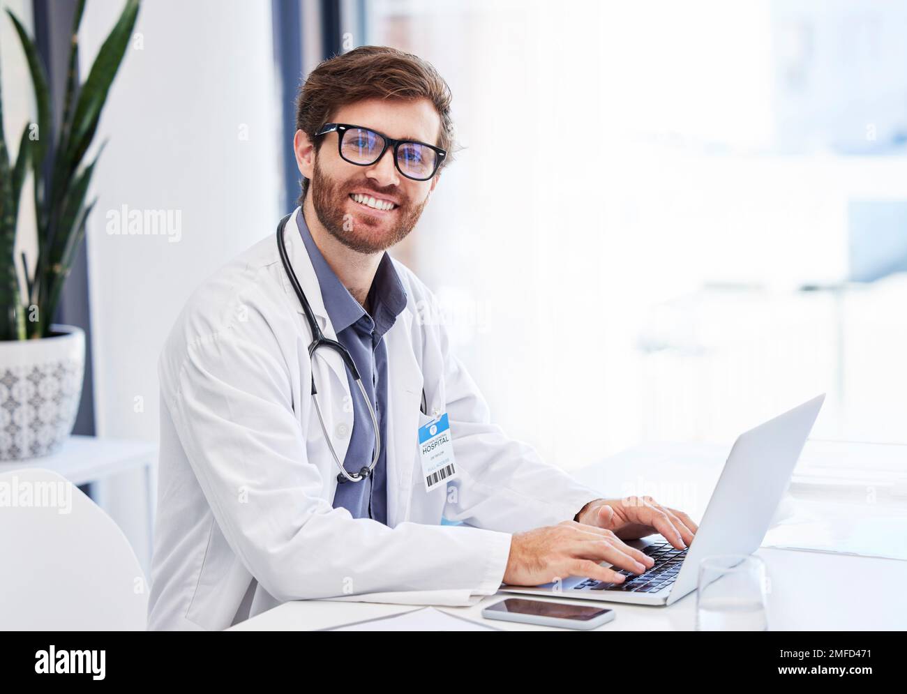 Doctor, research and healthcare portrait with online service ...