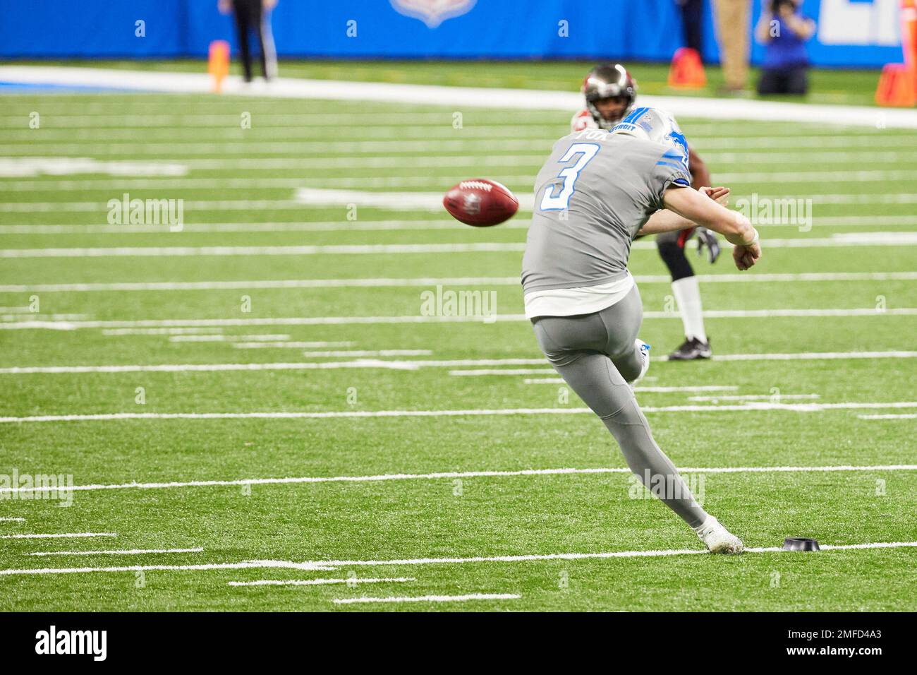 Detroit Lions punter Jack Fox (3) kicks off against the Tampa Bay ...