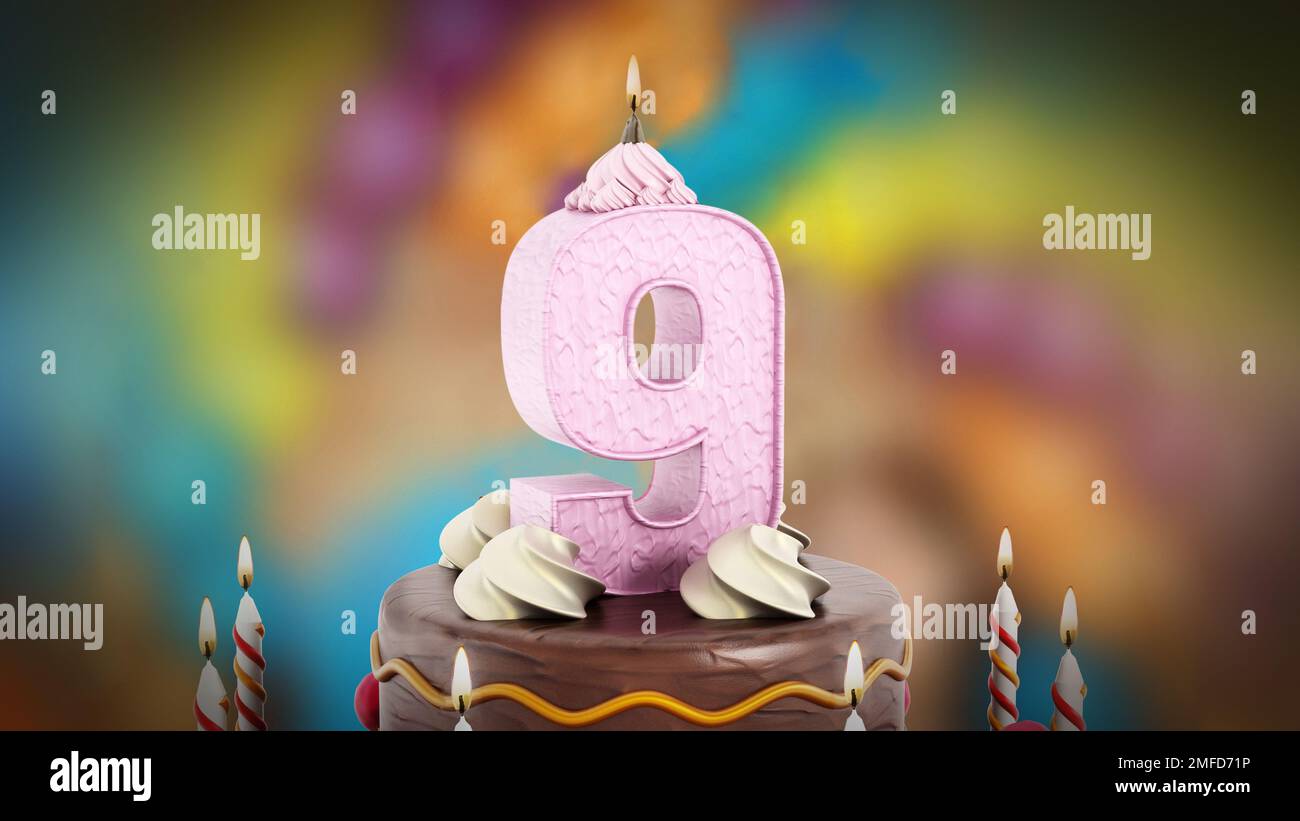 Birthday cake with lit number 9 candle. 3D illustration Stock Photo - Alamy