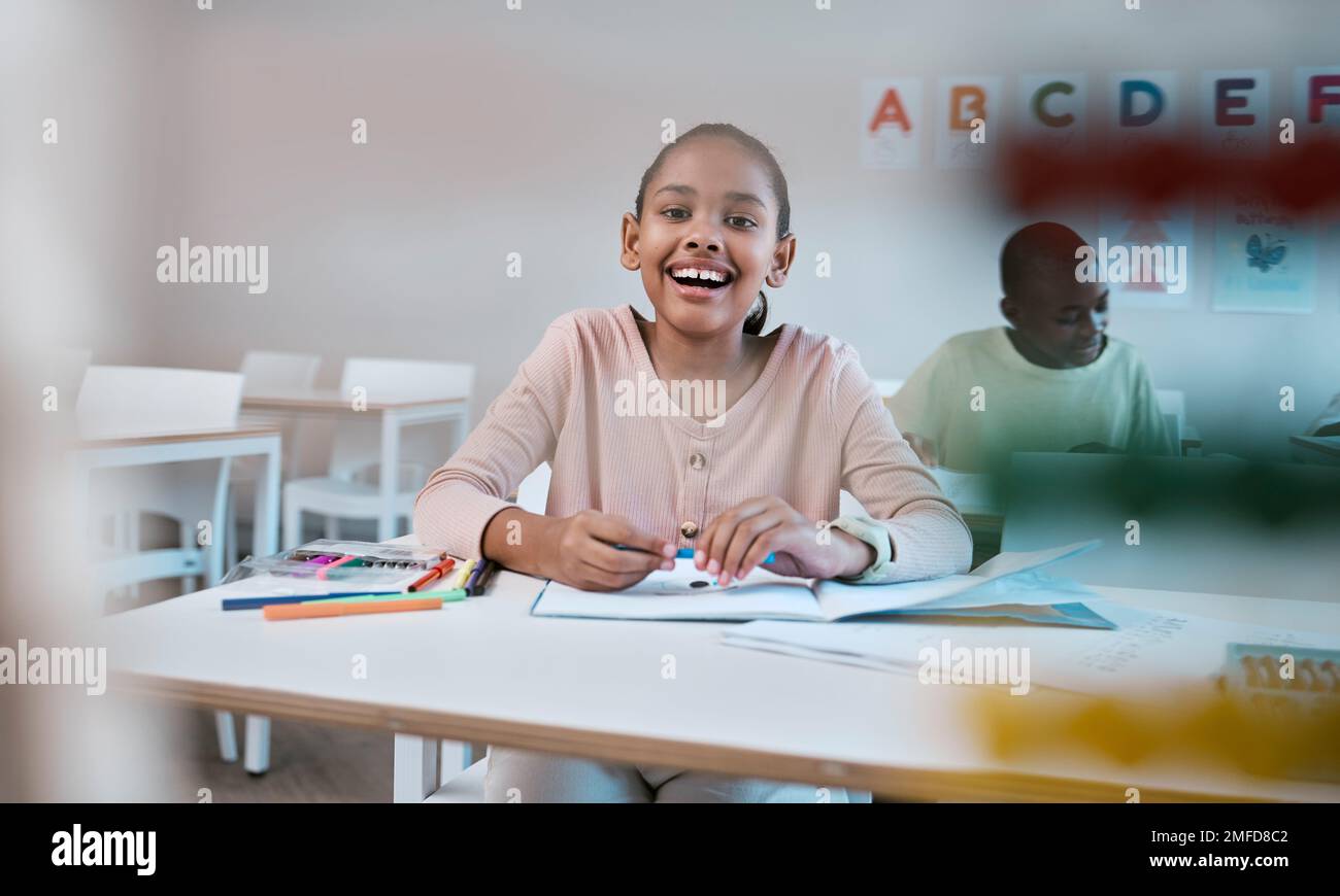 Education, learning and portrait of child with smile in classroom for ...