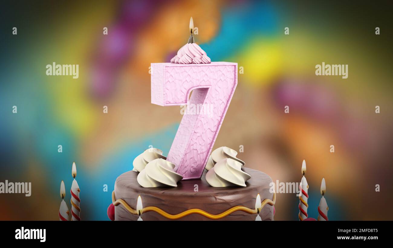 Birthday cake with lit number 7 candle. 3D illustration Stock Photo - Alamy