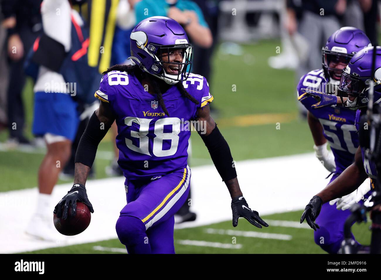 Minnesota Vikings cornerback Harrison Hand (38) celebrates his ...