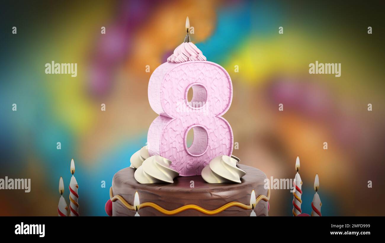 Birthday cake with lit number 8 candle. 3D illustration Stock Photo - Alamy