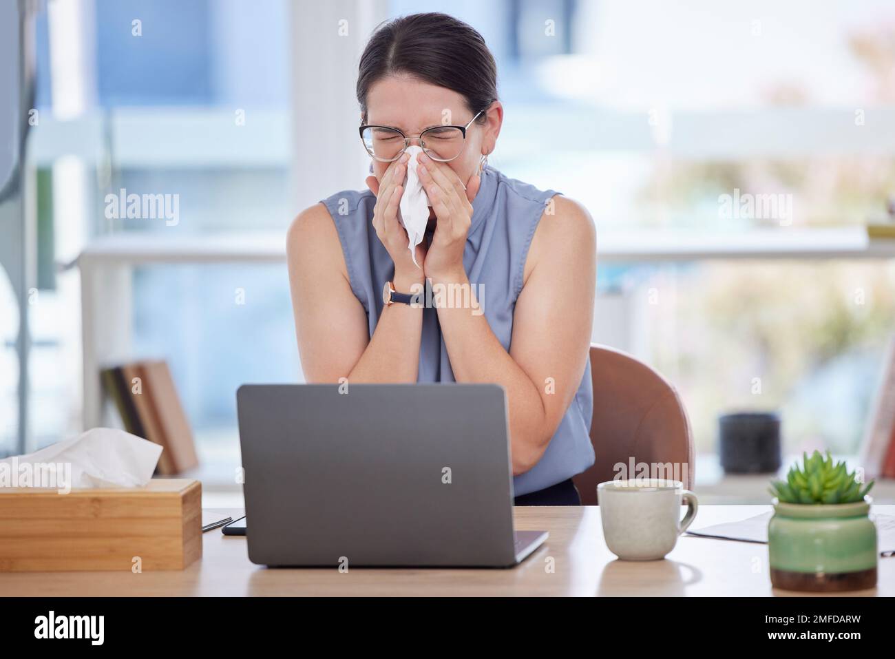 Business woman, sick and nose tissue for cold virus or allergy problem ...