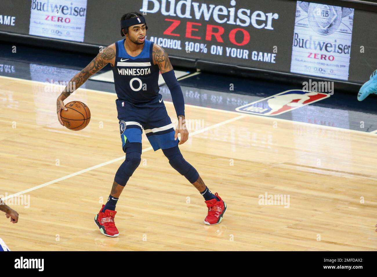 Minnesota Timberwolves guard D'Angelo Russell (0) drives on the Detroit ...
