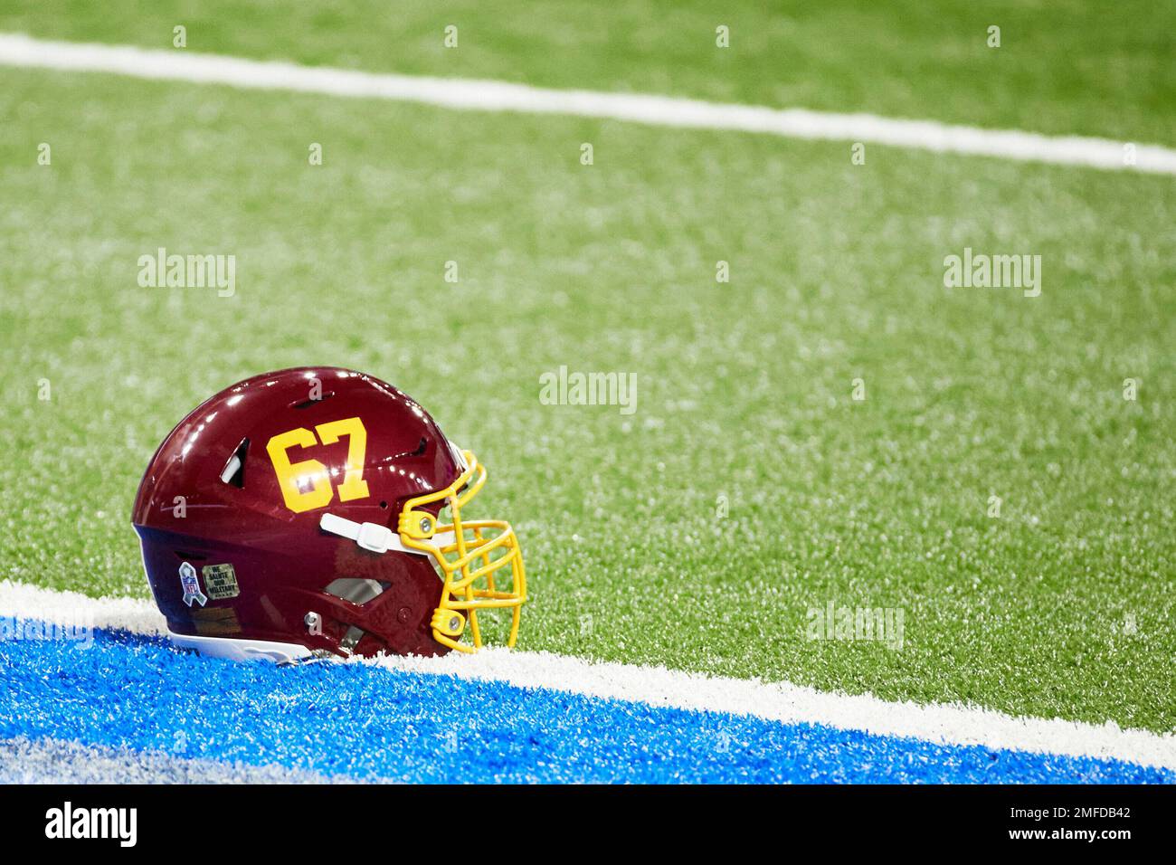 File-This Nov. 15, 2020, file photo shows the helmet of Washington ...