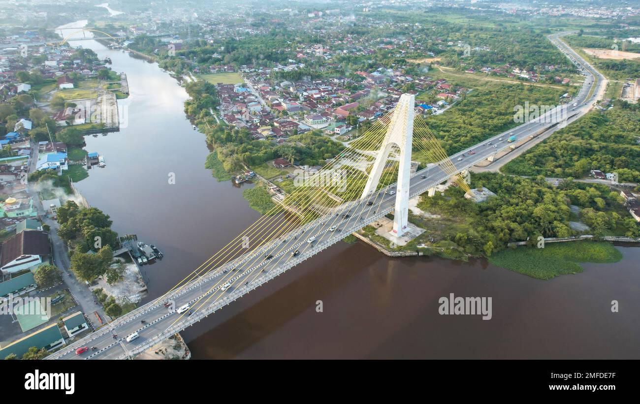 Aerial view of Siak Bridge IV (Abdul Jalil Alamuddin Syah Bridge) above ...