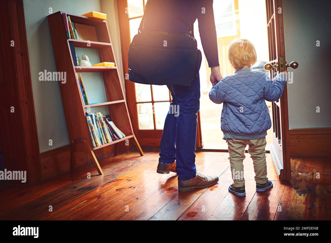 Ready for their outing together. a father and his little son leaving ...