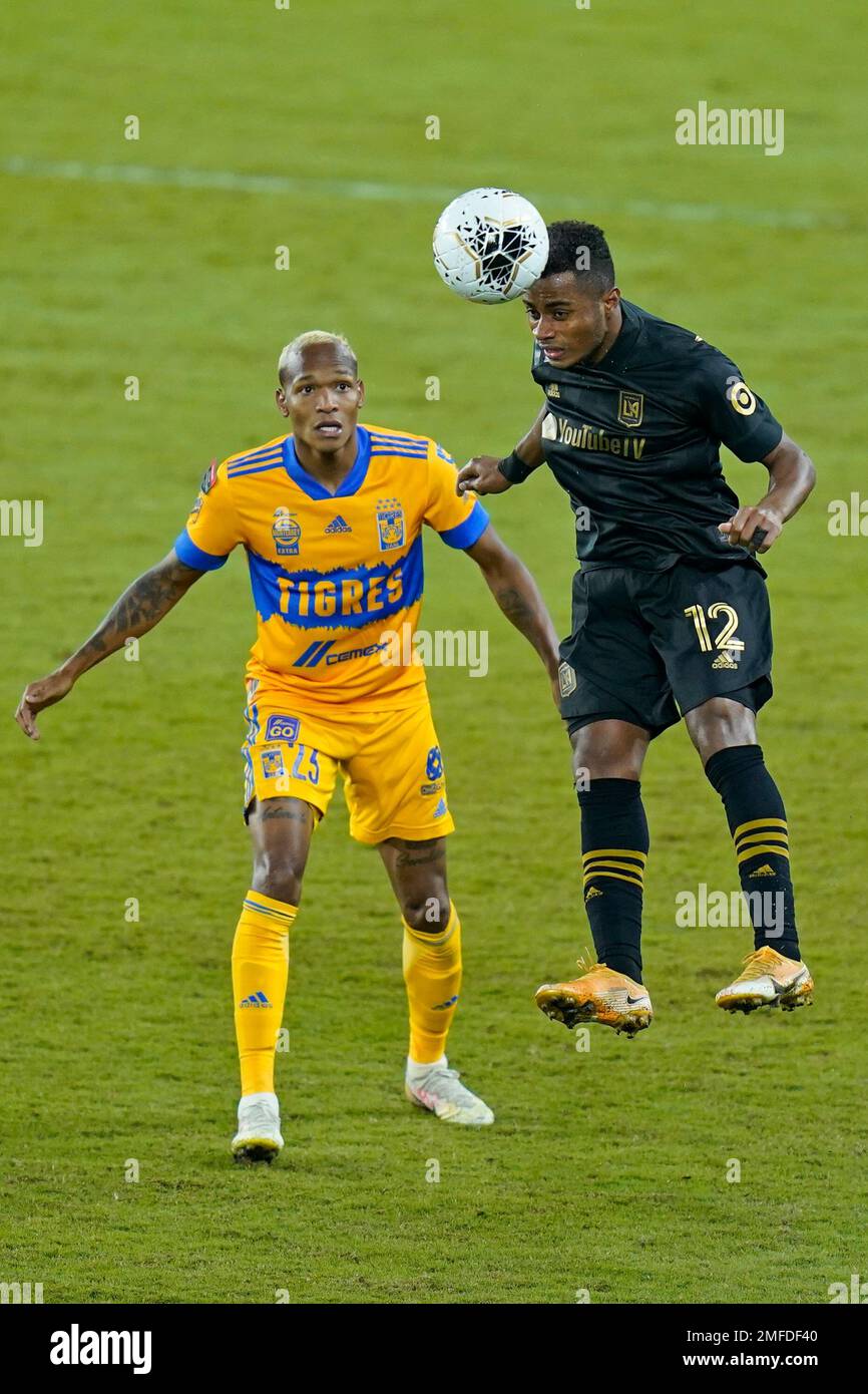 Los Angeles FC defender Diego Palacios (12) heads the ball away from ...