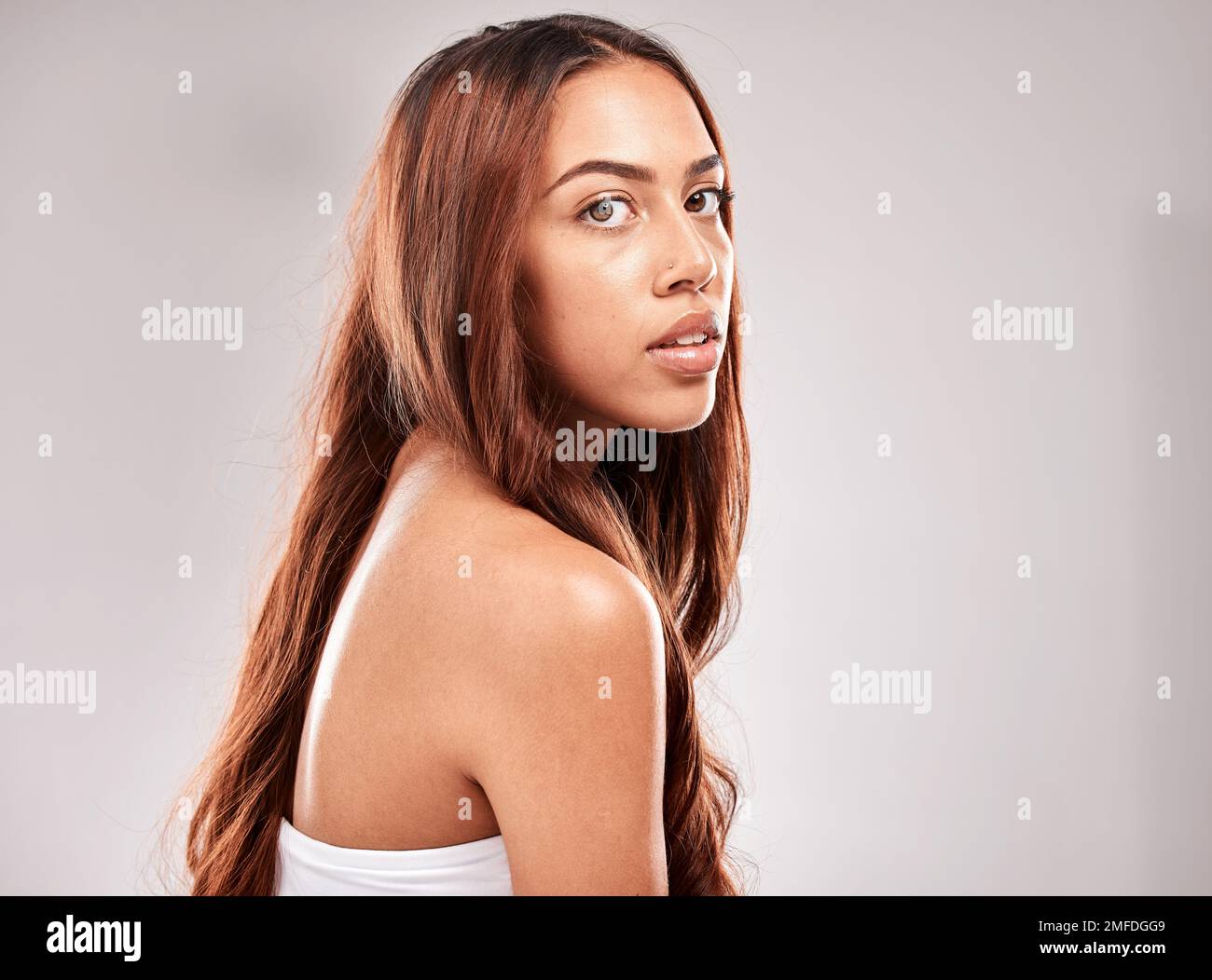Face, mockup and woman with hair in portrait, beauty and skin with glow ...