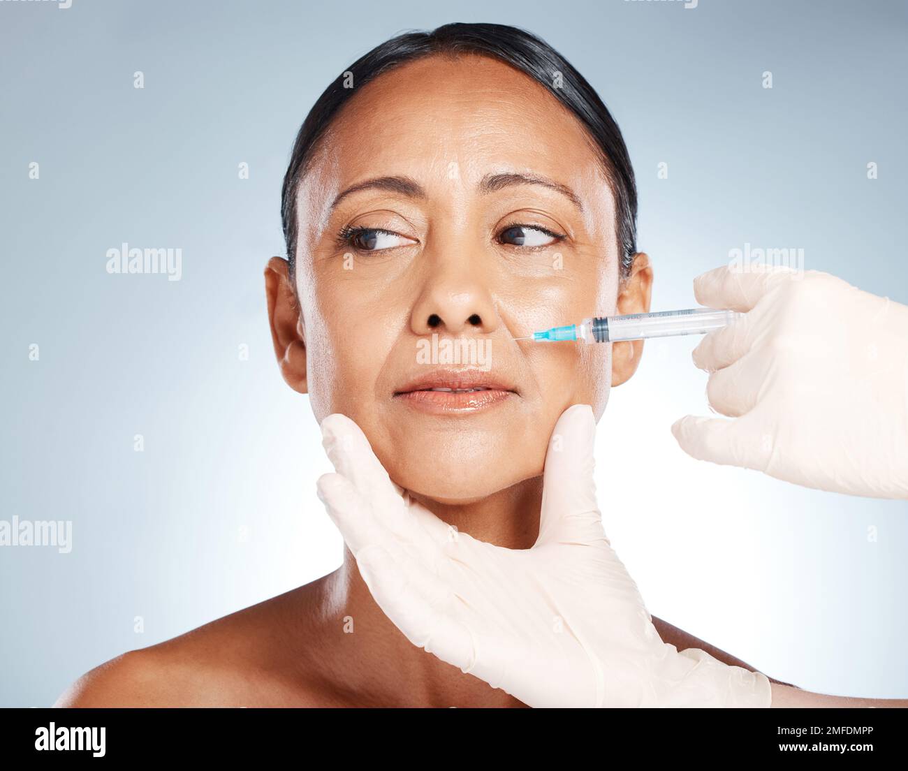 Syringe Woman Face And Plastic Surgery With Botox For Skincare Collagen And Medical Beauty