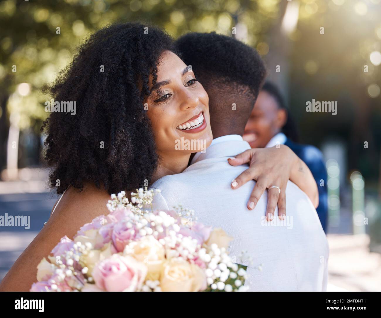 Wedding, couple and outdoor marriage celebration event for bride and ...