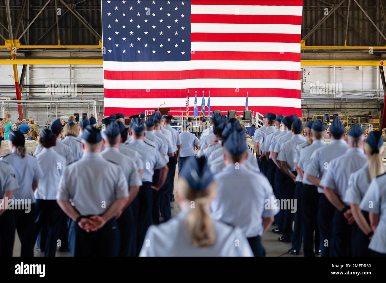 U.S. Airmen stand in formation during a change of command ceremony on ...